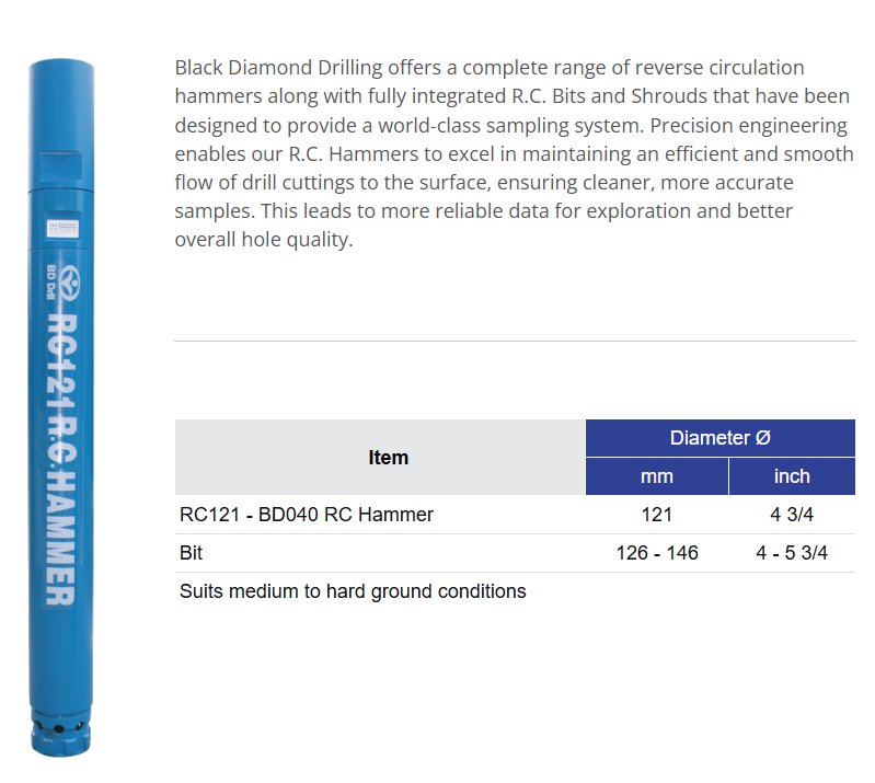 RC121-BD040 Reverse Circulation Hammer - Black Diamond Drilling Australia
